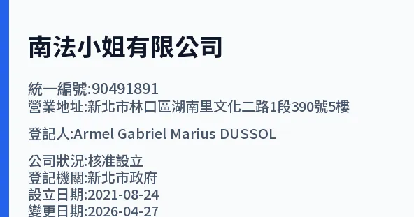 南法小姐有限公司的照片-統編 90491891(新北市) 公司登記資料與營業項目詳細圖表