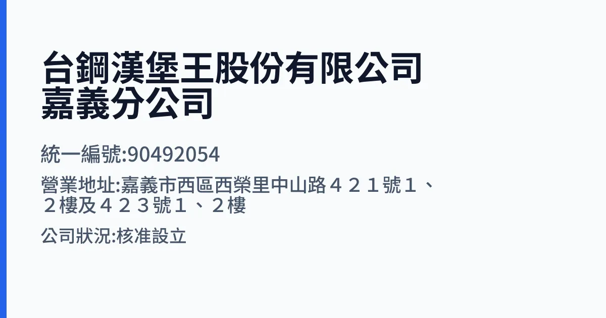 台鋼漢堡王股份有限公司嘉義分公司 - 統編 90492054（嘉義市） 公司登記資料與營業項目詳細圖表
