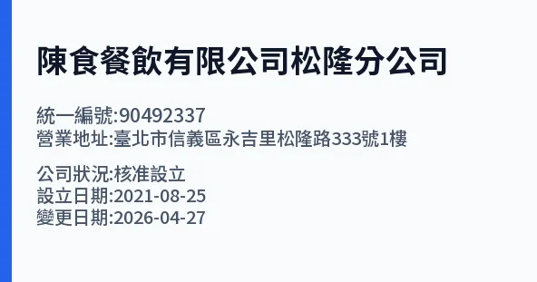 陳食餐飲有限公司松隆分公司的照片-統編 90492337(臺北市) 公司登記資料與營業項目詳細圖表