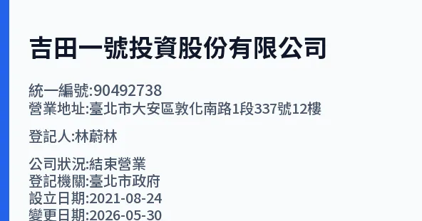 吉田一號投資股份有限公司的照片-統編 90492738(臺北市) 公司登記資料與營業項目詳細圖表