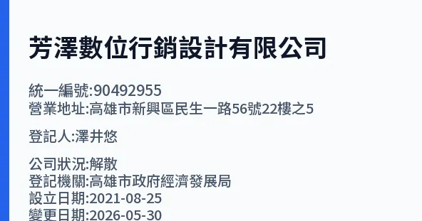 芳澤數位行銷設計有限公司的照片-統編 90492955(高雄市) 公司登記資料與營業項目詳細圖表