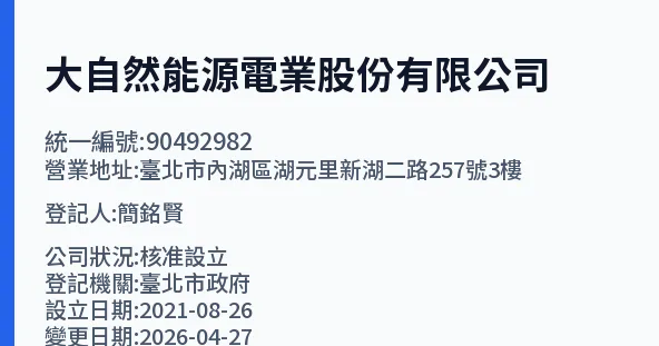 大自然能源電業股份有限公司的照片-統編 90492982(臺北市) 公司登記資料與營業項目詳細圖表
