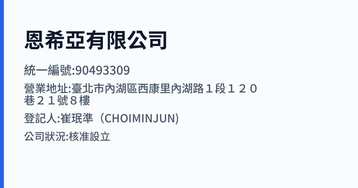恩希亞有限公司 - 統編 90493309(臺北市) 公司登記資料與營業項目詳細圖表