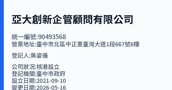 亞大創新企管顧問有限公司的照片-統編 90493568(臺中市) 公司登記資料與營業項目詳細圖表