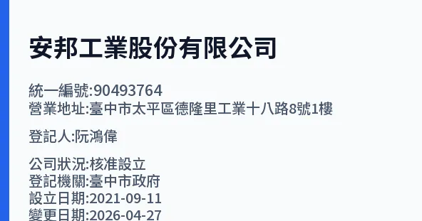 安邦工業股份有限公司的照片-統編 90493764(臺中市) 公司登記資料與營業項目詳細圖表