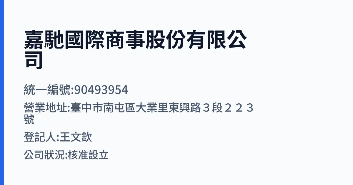 嘉馳國際商事股份有限公司 - 統編 90493954(臺中市) 公司登記資料與營業項目詳細圖表