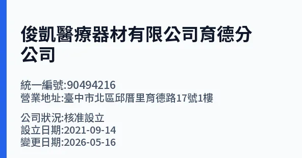 俊凱醫療器材有限公司育德分公司的照片-統編 90494216(臺中市) 公司登記資料與營業項目詳細圖表