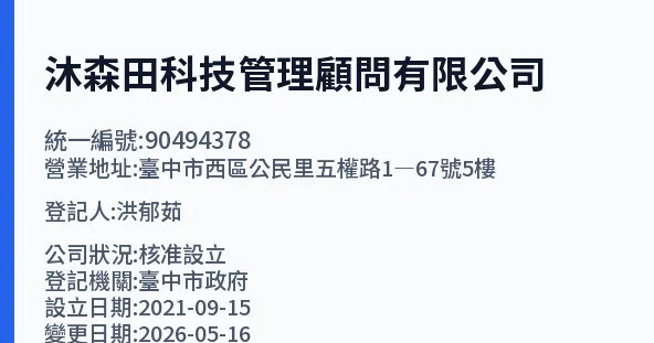 沐森田科技管理顧問有限公司的照片-統編 90494378(臺中市) 公司登記資料與營業項目詳細圖表