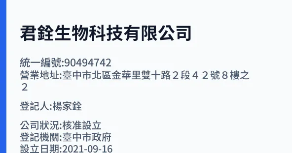 君銓生物科技有限公司的照片-統編 90494742(臺中市) 公司登記資料與營業項目詳細圖表