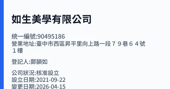 如生美學有限公司的照片-統編 90495186(臺中市) 公司登記資料與營業項目詳細圖表