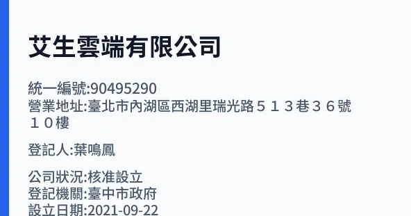 艾生雲端有限公司的照片-統編 90495290(臺中市) 公司登記資料與營業項目詳細圖表