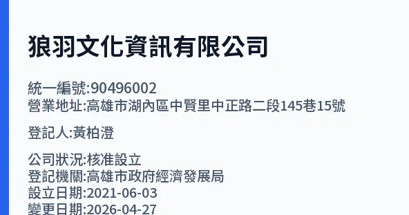 狼羽文化資訊有限公司的照片-統編 90496002(高雄市) 公司登記資料與營業項目詳細圖表