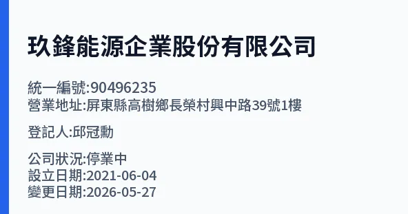 玖鋒能源企業股份有限公司的照片-統編 90496235(屏東縣) 公司登記資料與營業項目詳細圖表