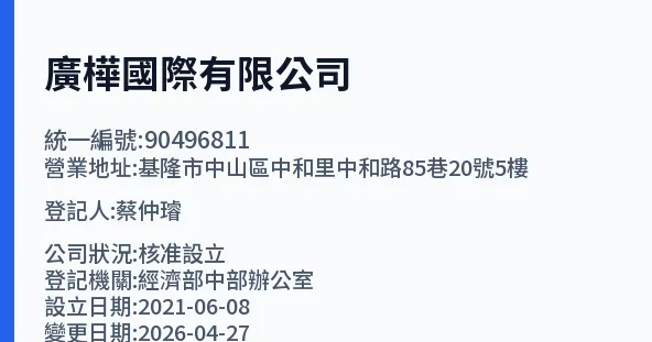 廣樺國際有限公司的照片-統編 90496811(基隆市) 公司登記資料與營業項目詳細圖表