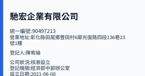 馳宏企業有限公司的照片-統編 90497213(彰化縣) 公司登記資料與營業項目詳細圖表