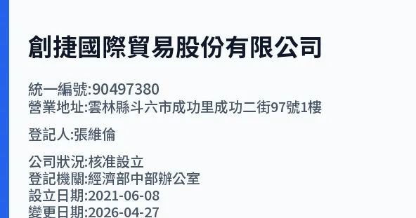 創捷國際貿易股份有限公司的照片-統編 90497380(雲林縣) 公司登記資料與營業項目詳細圖表