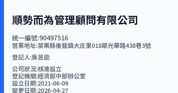 順勢而為管理顧問有限公司的照片-統編 90497516(苗栗縣) 公司登記資料與營業項目詳細圖表