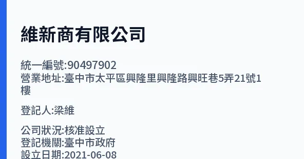 維新商有限公司的照片-統編 90497902(臺中市) 公司登記資料與營業項目詳細圖表