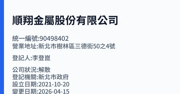 順翔金屬股份有限公司的照片-統編 90498402(新北市) 公司登記資料與營業項目詳細圖表