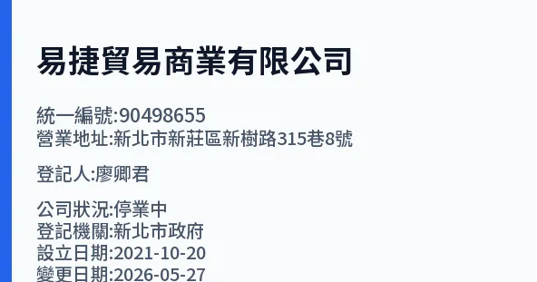 易捷貿易商業有限公司的照片-統編 90498655(新北市) 公司登記資料與營業項目詳細圖表