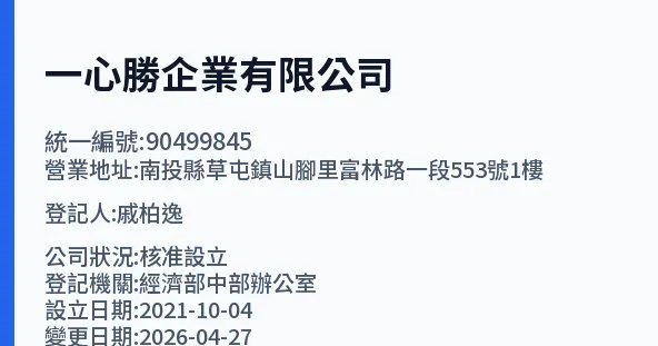 一心勝企業有限公司的照片-統編 90499845(南投縣) 公司登記資料與營業項目詳細圖表