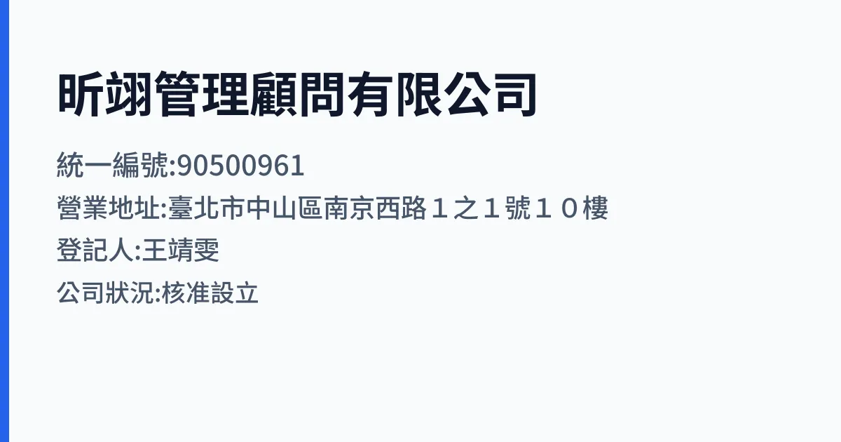 昕翊管理顧問有限公司 - 統編 90500961(臺北市) 公司登記資料與營業項目詳細圖表