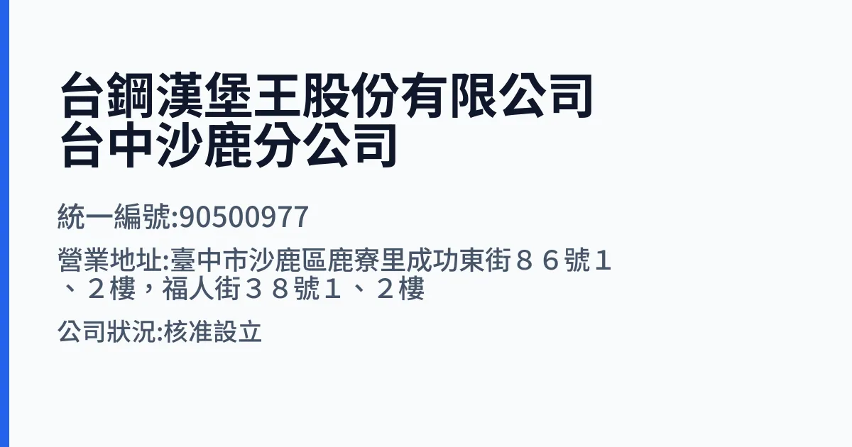 台鋼漢堡王股份有限公司台中沙鹿分公司 - 統編 90500977(臺中市) 公司登記資料與營業項目詳細圖表