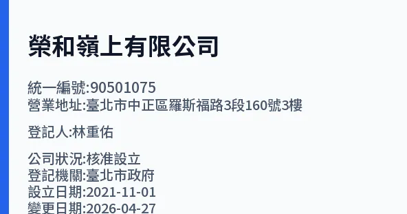 榮和嶺上有限公司的照片-統編 90501075(臺北市) 公司登記資料與營業項目詳細圖表