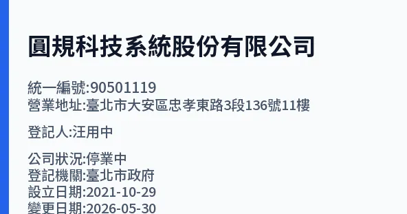 圓規科技系統股份有限公司的照片-統編 90501119(臺北市) 公司登記資料與營業項目詳細圖表