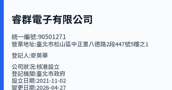 睿群電子有限公司的照片-統編 90501271(臺北市) 公司登記資料與營業項目詳細圖表