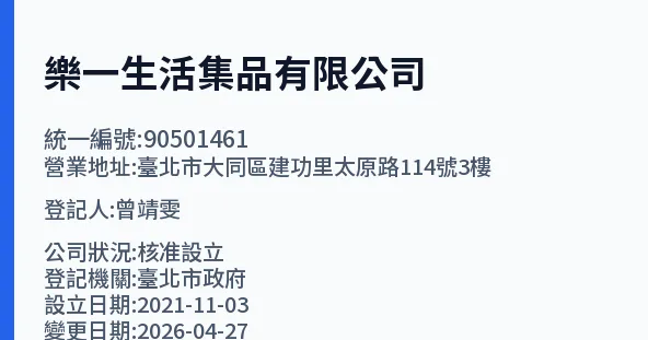 樂一生活集品有限公司的照片-統編 90501461(臺北市) 公司登記資料與營業項目詳細圖表