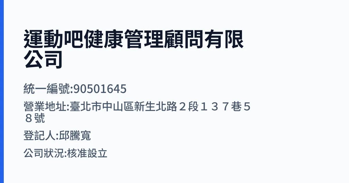 運動吧健康管理顧問有限公司 - 統編 90501645(臺北市) 公司登記資料與營業項目詳細圖表