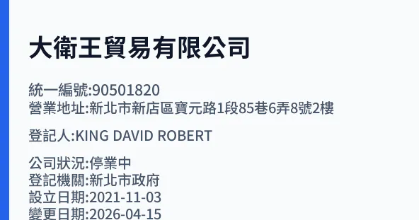 大衛王貿易有限公司的照片-統編 90501820(新北市) 公司登記資料與營業項目詳細圖表