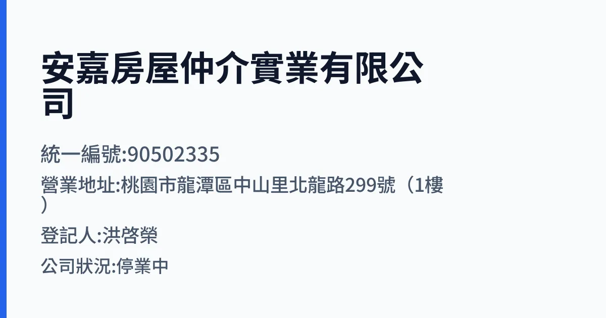 安嘉房屋仲介實業有限公司 - 統編 90502335(桃園市) 公司登記資料與營業項目詳細圖表