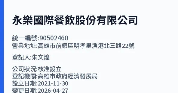 永樂國際餐飲股份有限公司的照片-統編 90502460(高雄市) 公司登記資料與營業項目詳細圖表