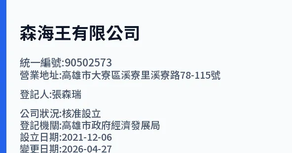 森海王有限公司的照片-統編 90502573(高雄市) 公司登記資料與營業項目詳細圖表