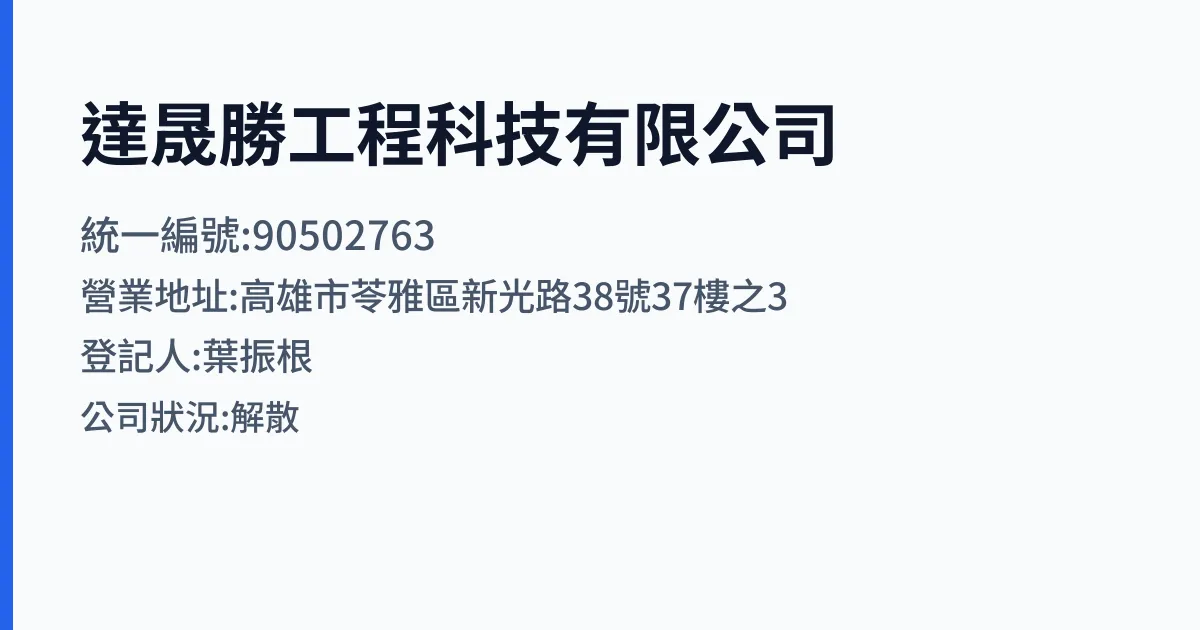 達晟勝工程科技有限公司 - 統編 90502763(高雄市) 公司登記資料與營業項目詳細圖表