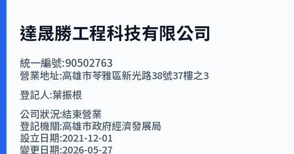 達晟勝工程科技有限公司的照片-統編 90502763(高雄市) 公司登記資料與營業項目詳細圖表