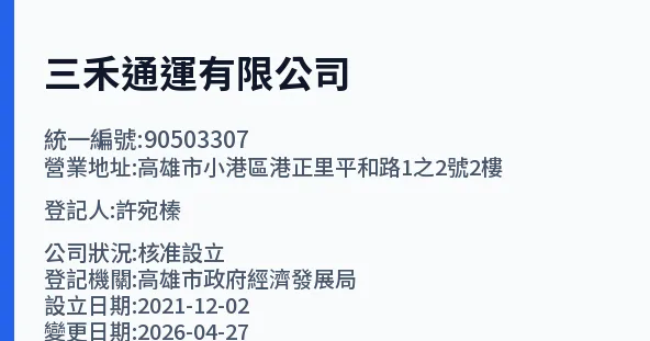 三禾通運有限公司的照片-統編 90503307(高雄市) 公司登記資料與營業項目詳細圖表