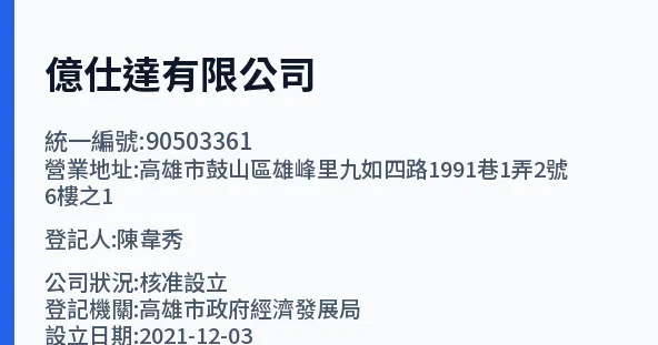 億仕達有限公司的照片-統編 90503361(高雄市) 公司登記資料與營業項目詳細圖表