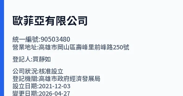 歐菲亞有限公司的照片-統編 90503480(高雄市) 公司登記資料與營業項目詳細圖表