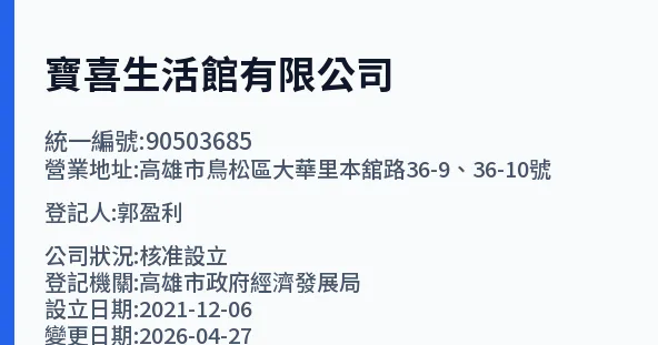 寶喜生活館有限公司的照片-統編 90503685(高雄市) 公司登記資料與營業項目詳細圖表