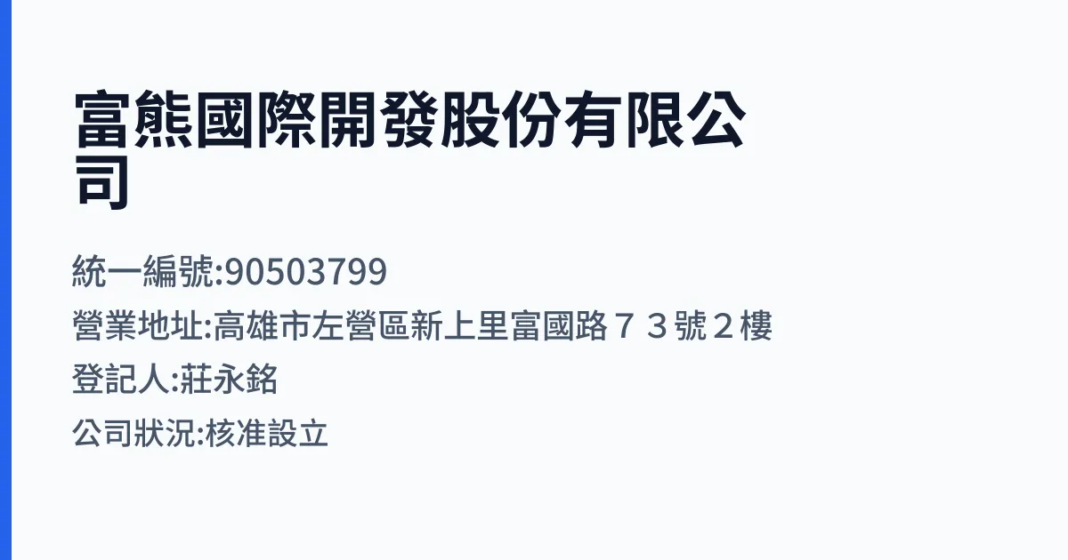 富熊國際開發股份有限公司 - 統編 90503799(高雄市) 公司登記資料與營業項目詳細圖表