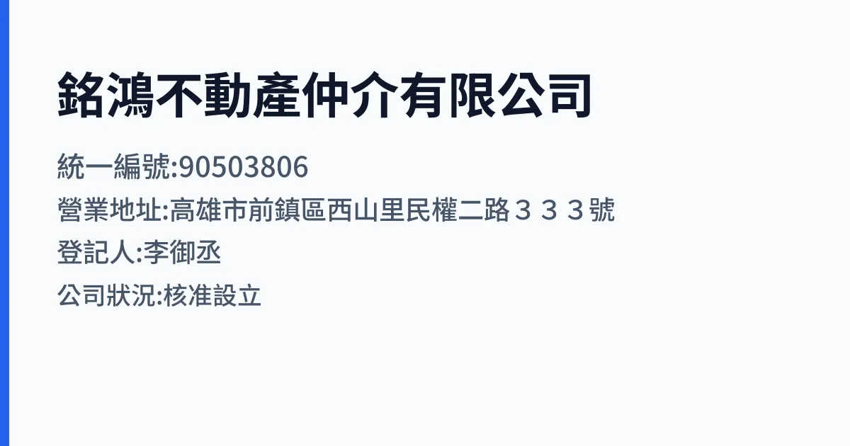 銘鴻不動產仲介有限公司 - 統編 90503806(高雄市) 公司登記資料與營業項目詳細圖表