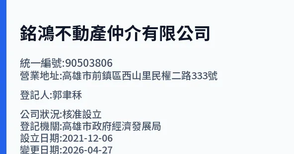 銘鴻不動產仲介有限公司的照片-統編 90503806(高雄市) 公司登記資料與營業項目詳細圖表