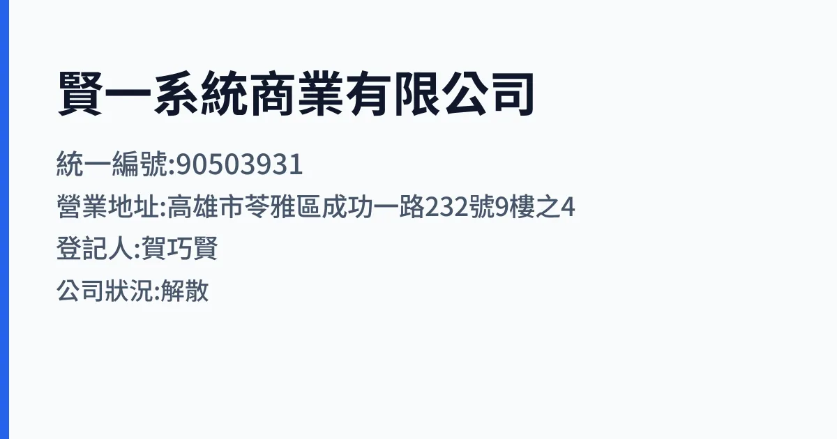 賢一系統商業有限公司 - 統編 90503931(高雄市) 公司登記資料與營業項目詳細圖表