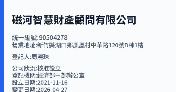 磁河智慧財產顧問有限公司的照片-統編 90504278(新竹縣) 公司登記資料與營業項目詳細圖表