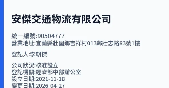 安傑交通物流有限公司的照片-統編 90504777(宜蘭縣) 公司登記資料與營業項目詳細圖表