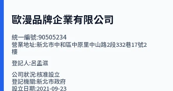 歐漫品牌企業有限公司的照片-統編 90505234(新北市) 公司登記資料與營業項目詳細圖表