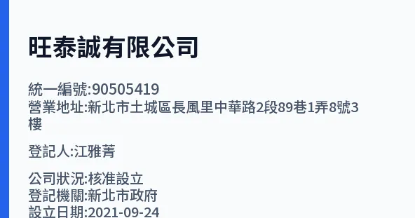 旺泰誠有限公司的照片-統編 90505419(新北市) 公司登記資料與營業項目詳細圖表